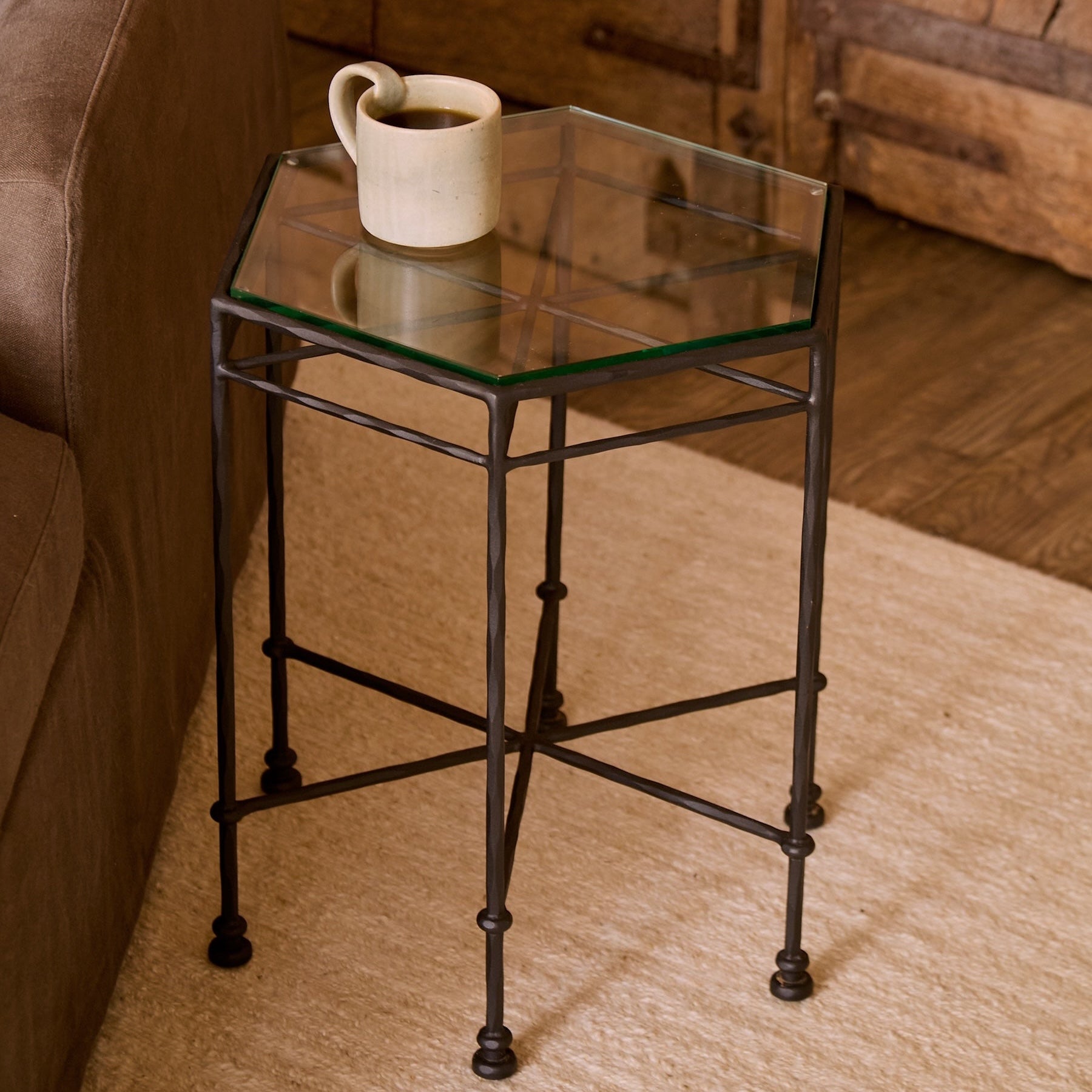 Provence Outdoor Side Table - Octagonal Iron Base with Glass Top