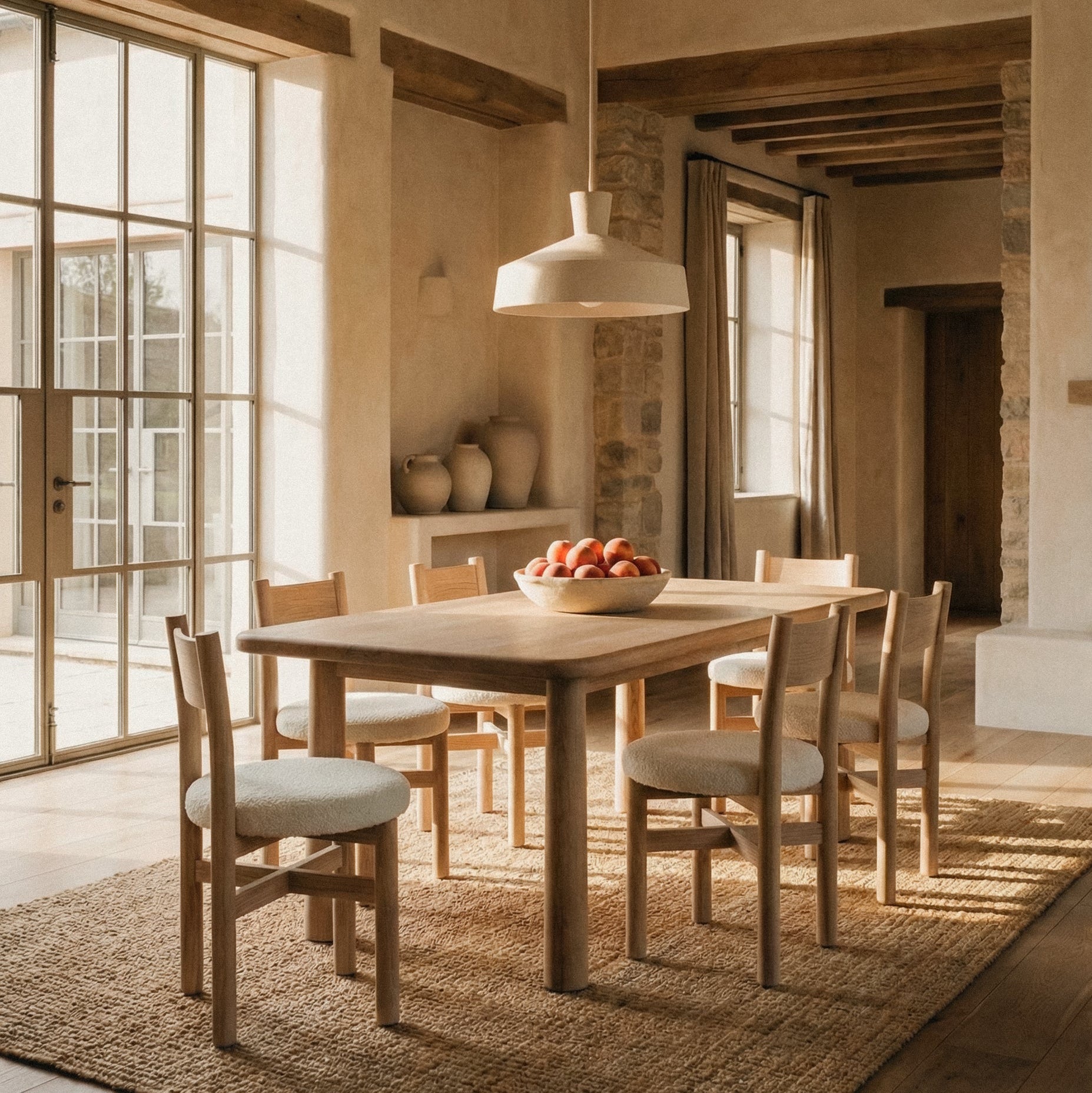 Teddy Dining Chair, Natural - Ivory Boucle Upholstery, Solid Wood Legs