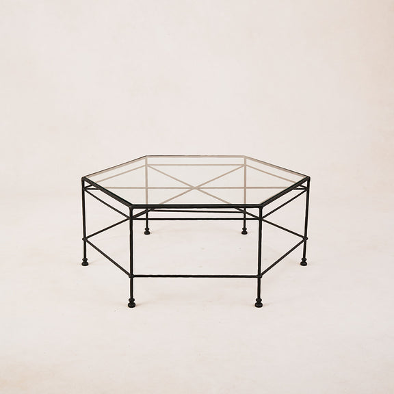 Provence Outdoor Hexagonal Coffee Table - Iron Base, Glass Top