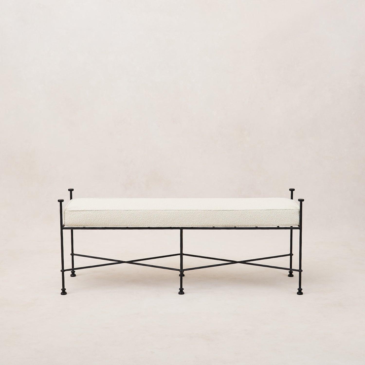 Provence White Boucle Bench, Wrought Iron Legs, Outdoor Weather-Proof ...