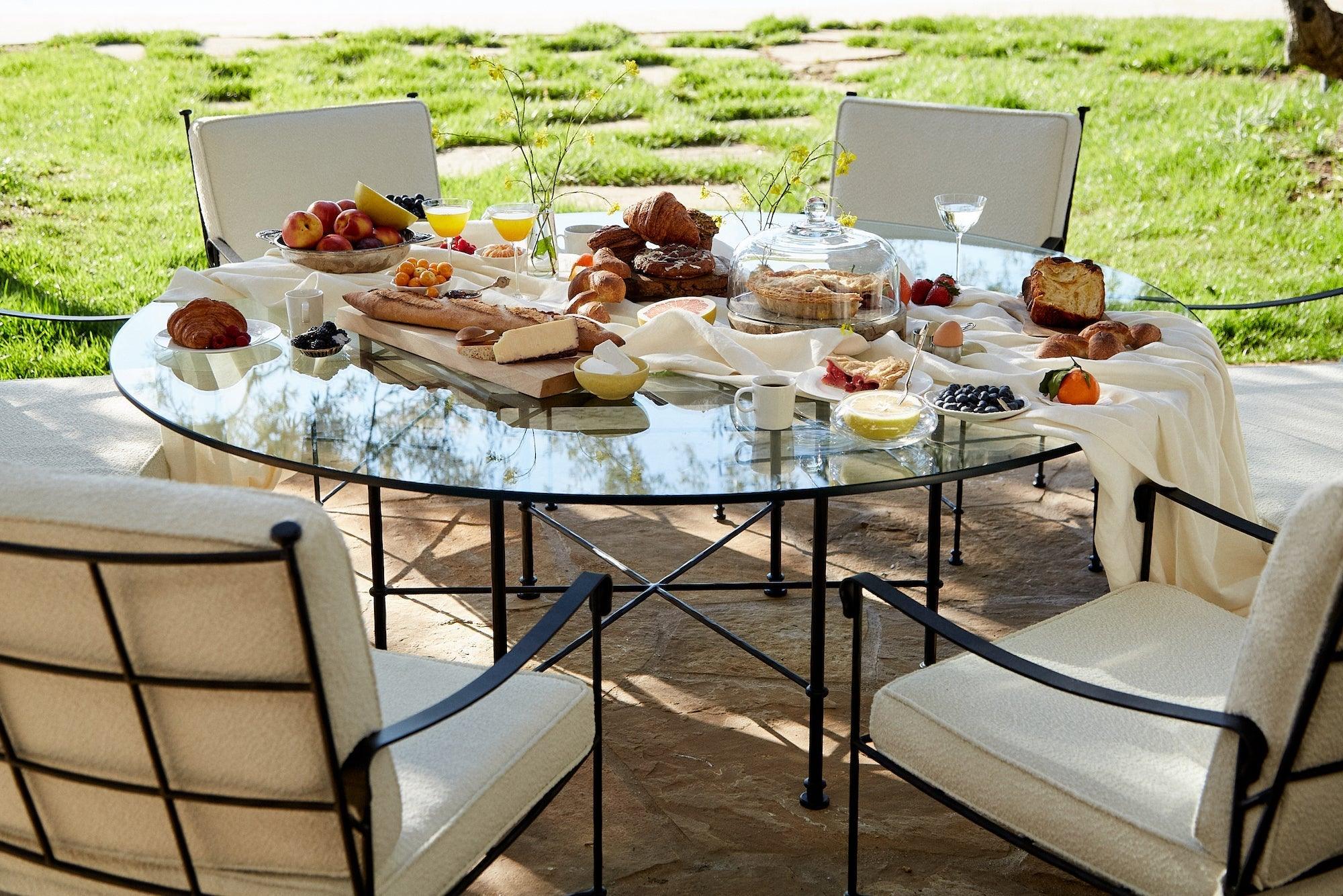 Provence Glass Top Outdoor Dining Table | Neoclassical Iron Base