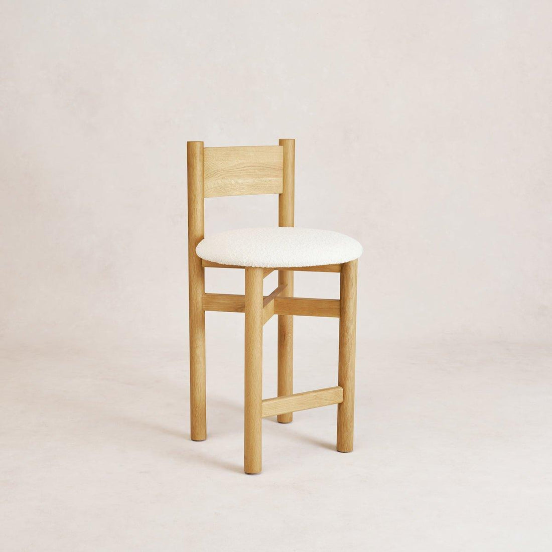 Teddy Boucle Counter Stool, White Oak Frame, Chunky Legs, Ivory Plush Seat